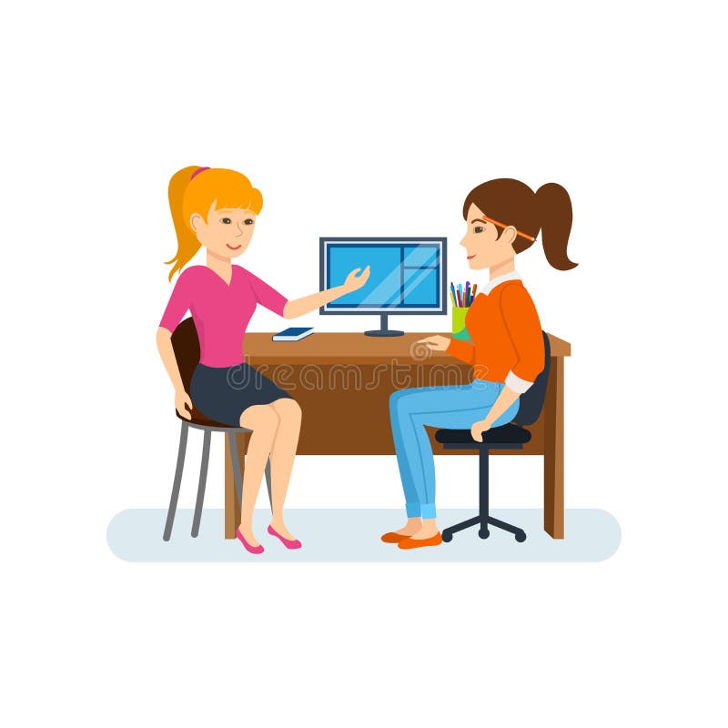 Women Discussing Working Project, Sitting at the Computer, Exchanging ...