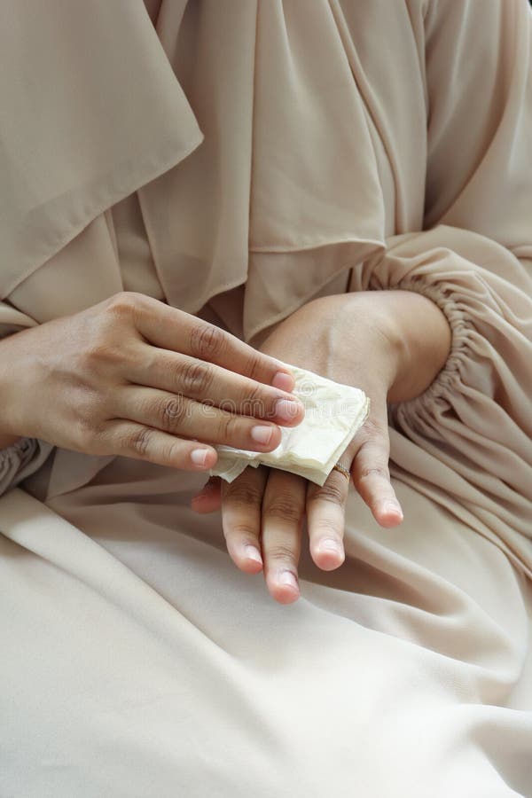 Women Disinfecting His Hands with a Wet Wipe. Stock Image - Image of ...