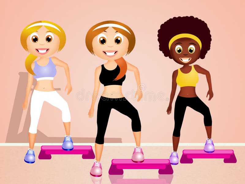 Women Doing Exercise on Aerobic Step Stock Illustration - Illustration ...