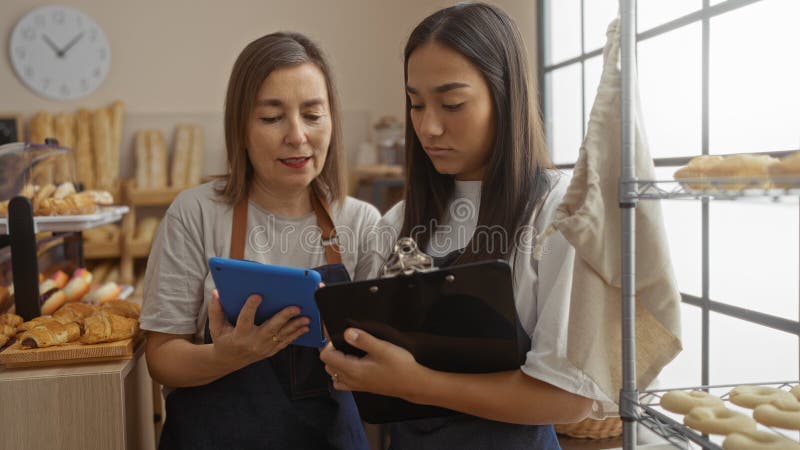 Women Employees Working Together in a Bakery Analyzing Data on Tablet ...