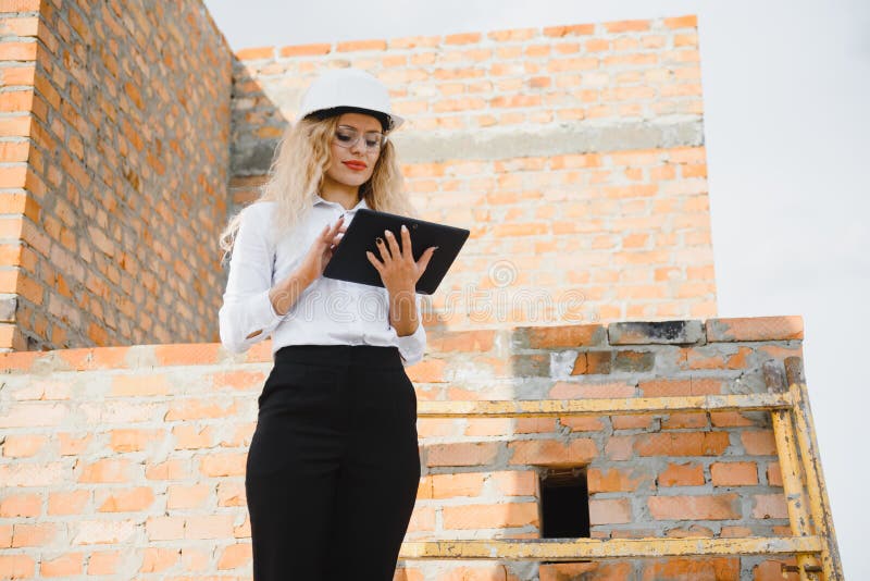 Women Engineer Look at Building Glass. Stock Image - Image of house ...