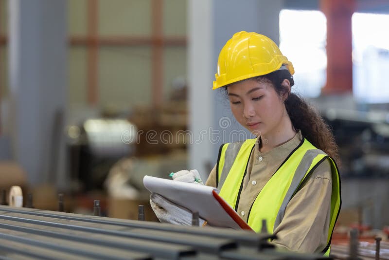 Women Engineer Take Notes on Paperwork Quality Control Standing at ...