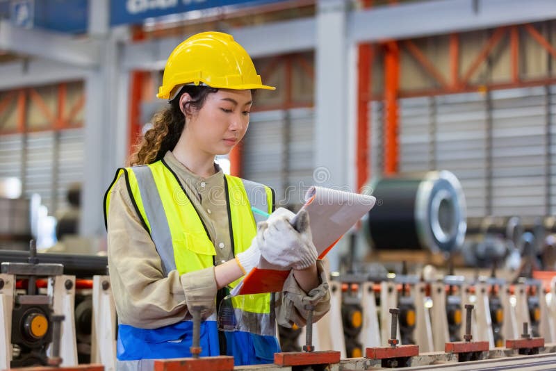 Women Engineer Take Notes on Paperwork Quality Control Standing at ...