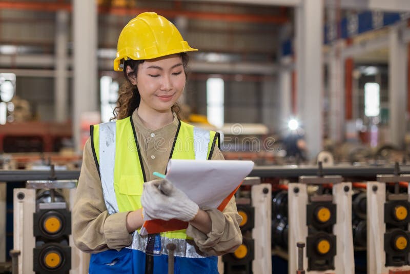 Women Engineer Take Notes on Paperwork Quality Control Standing at ...