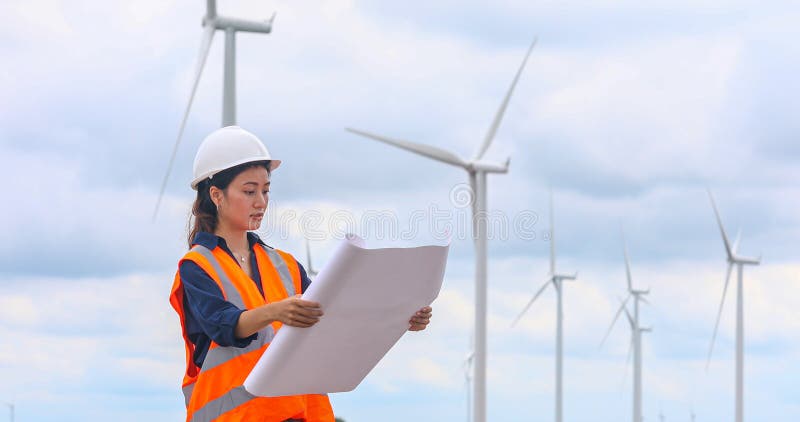 Women Engineer Working on Site at Wind Turbine Farm Stock Image - Image ...