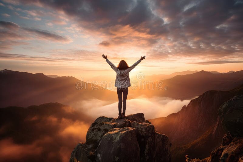 Women Feeling Free on Mountain Top Stock Illustration - Illustration of ...