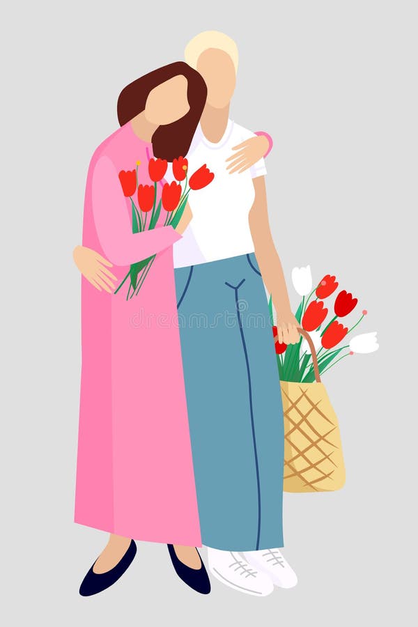 Women with Flowers. Two Women are Hugging Stock Vector - Illustration ...