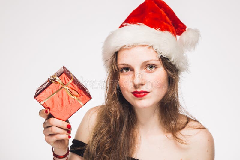 Women with a Gift in Red Cap New Year Portrait Isolated on White Stock ...