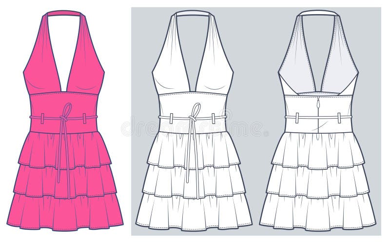Women Halter Mini Dress Technical Fashion Illustration Tiered Dress