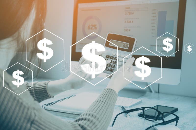 Women Hand Calculator with Computer on Desk. Stock Illustration ...