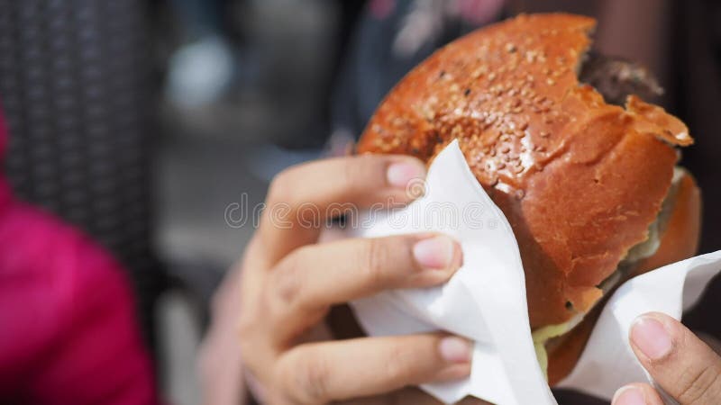 Women Hand Holding Beef Burger Stock Video - Video of wood, cheese ...