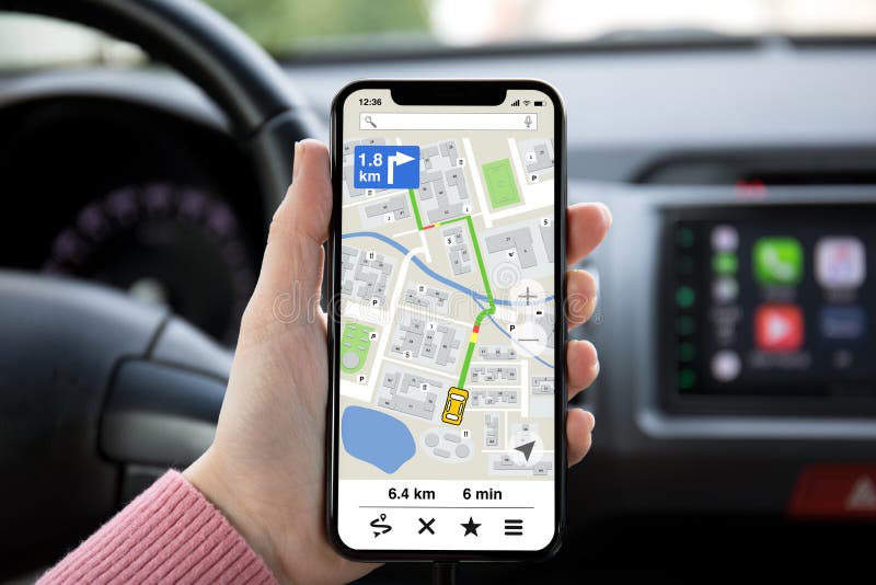 Women Hand Holding Phone with App Navigation Map on Screen Stock Image ...