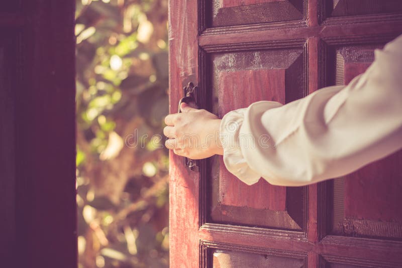Women Hand Open Door Knob or Open the Door. Stock Image - Image of ...
