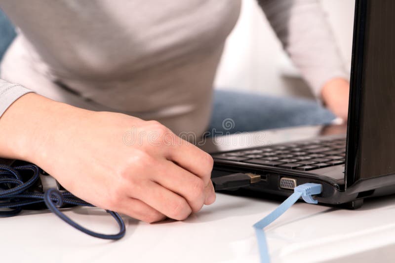 Women Hand is Pluggin in the USB Mouse To the Laptop Stock Photo ...