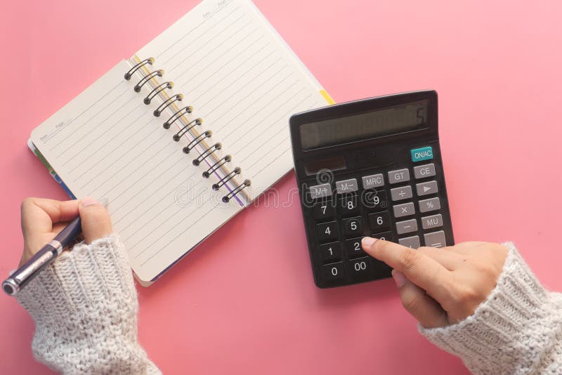 Women Hand Using Calculator on Pink Background Stock Image - Image of ...