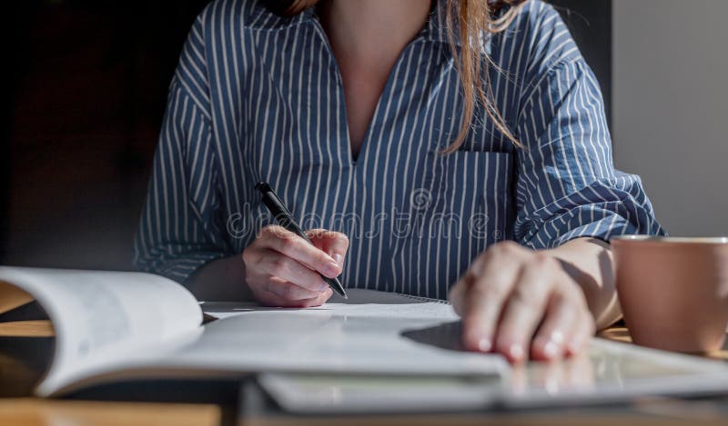 Women Hands Close Up Writing with Pen in Notebook, Taking Notes from ...