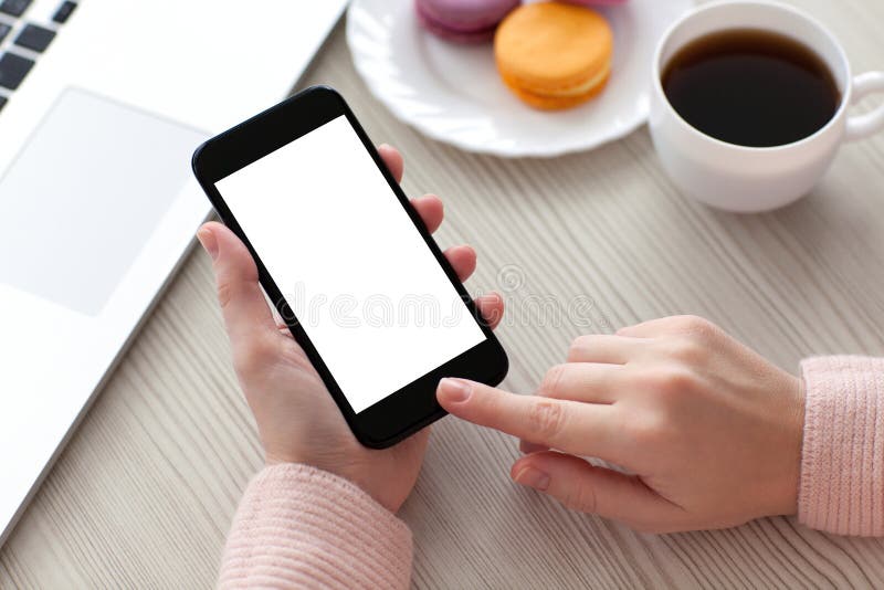 Women Hands Holding Phone Isolated Screen with Coffee and Laptop Stock ...