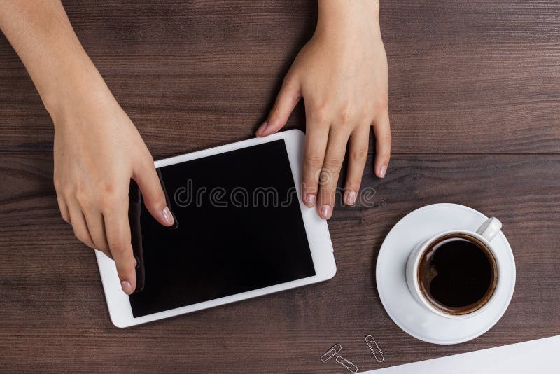 Women Hands with Tablet Computer and Coffee on Stock Photo - Image of ...