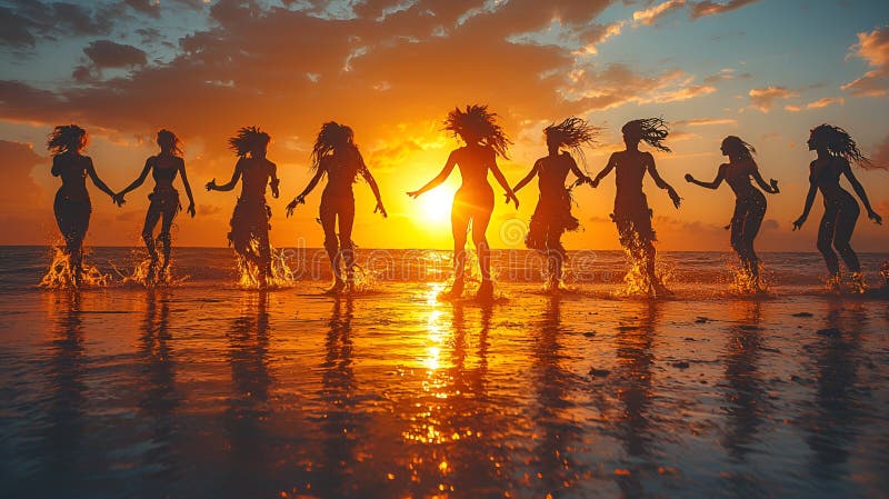 Women Joyfully Run Ocean Sunset Beach, Summer Fun Stock Image - Image ...