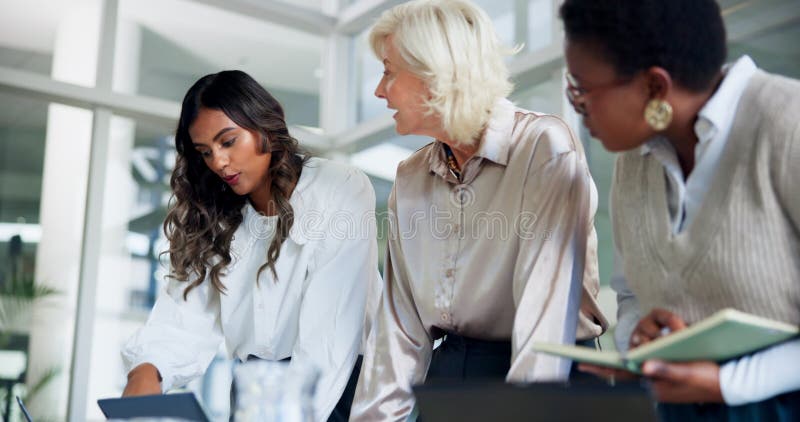 Women, Laptop and Discussion in Office Meeting, Manager and Support ...