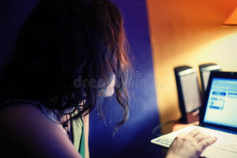 Women with Laptop Working in the Dark Stock Image - Image of study ...