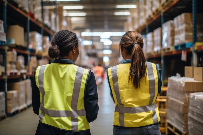 Women in Large Warehouse Taking Inventory with Tablet, AI Generative ...