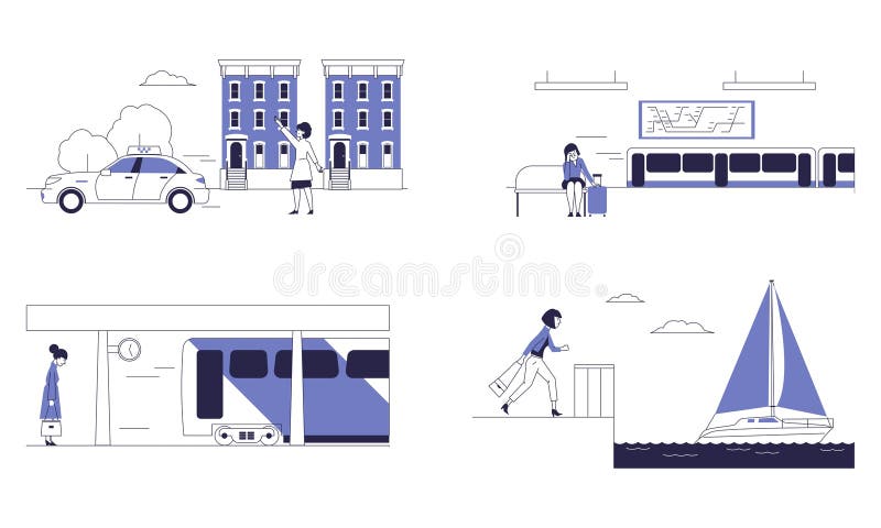 Women late for transport. stock vector. Illustration of walking - 272433687