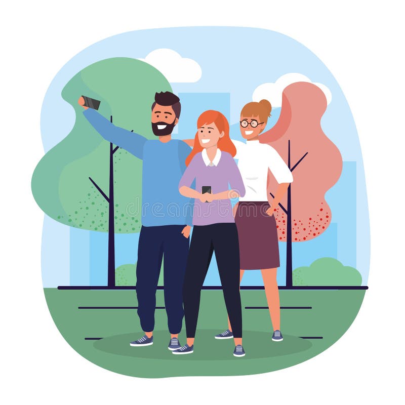 Women and Man Friends with Smartphone and Trees Stock Vector ...