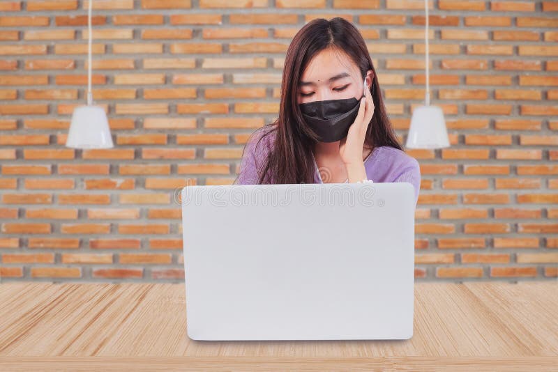 Women with Mask Face Working on Laptop Computer Stock Image - Image of ...