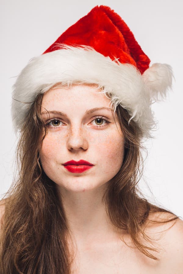 Women New Year Portrait in Red Cap Isolated on White Stock Image ...