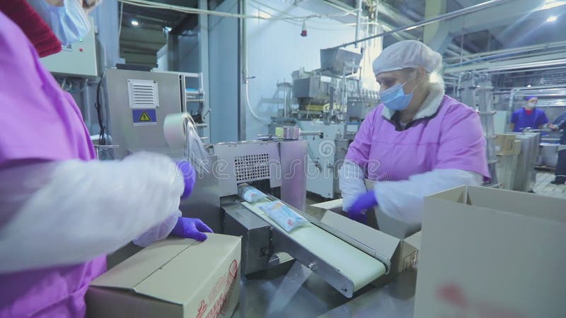 Women Pack Ice Cream into Boxes. Workers Put Ice Cream into Boxes ...
