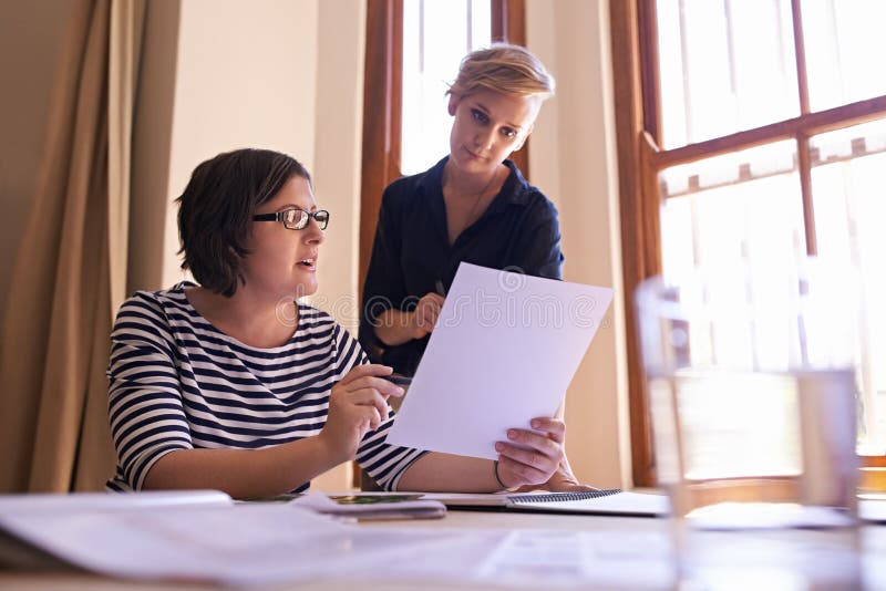 Women, Planning and Collaboration on Paperwork in Office with Teamwork ...