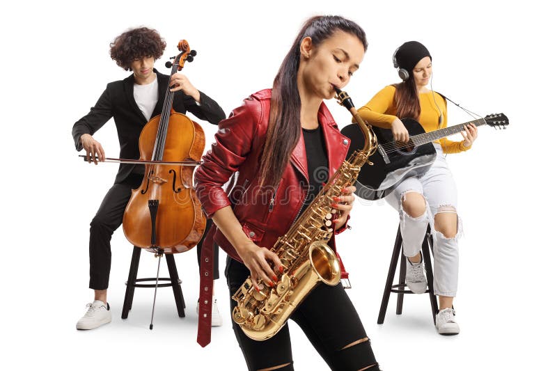 Women Playing Sax and Guitar and Man Playing Cello Stock Image - Image ...