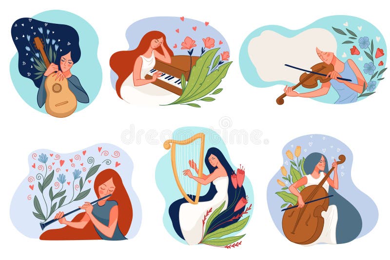 Women Playing String and Wind Instruments Vector Stock Vector ...