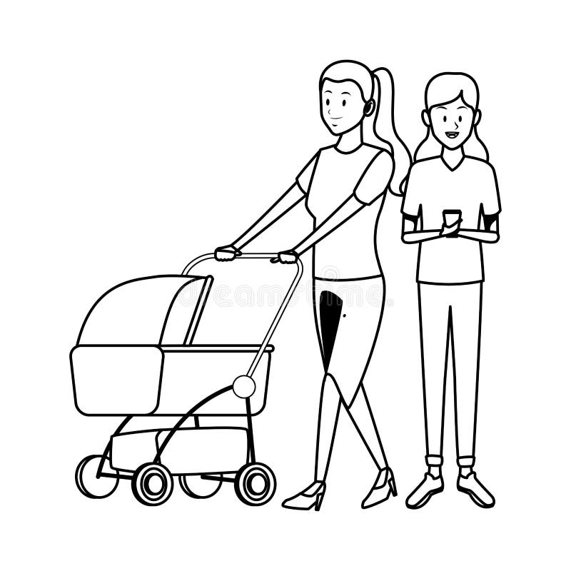 Women with Pram Black and White Stock Vector - Illustration of adult ...