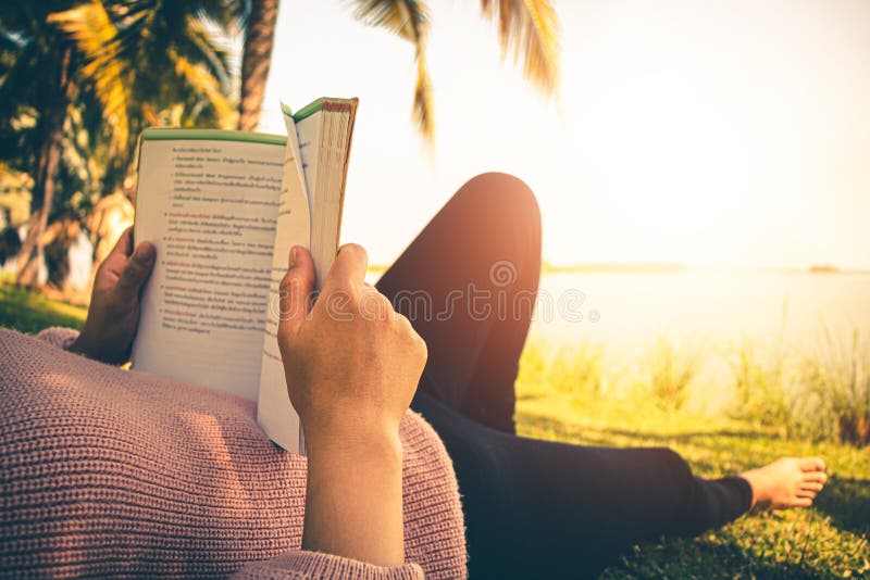 Women Read Book in the Holiday in Quiet Nature, Concept Reading a Book ...
