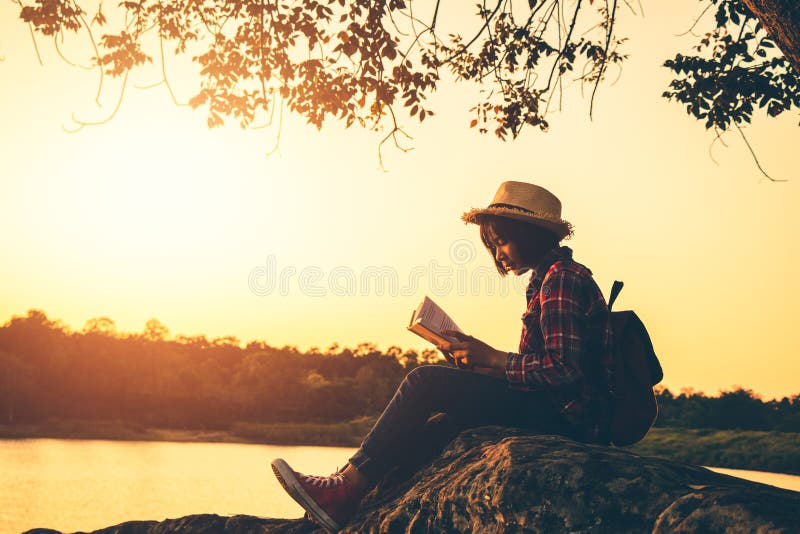 Women Read Book in the Holiday in Quiet Nature, Concept Reading a Book ...