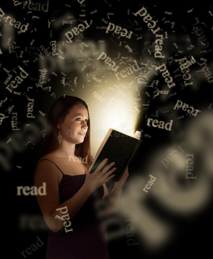 Girl reading magic book stock photo. Image of darkness - 40181976