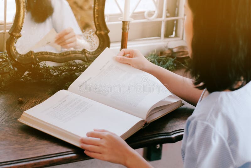 Women Reading Text Book in Library Stock Image - Image of information ...