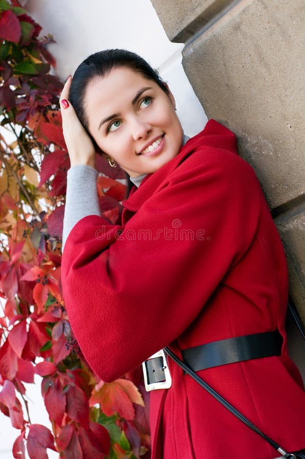 Women in Red Coat on the Street Stock Image - Image of people, brunette ...