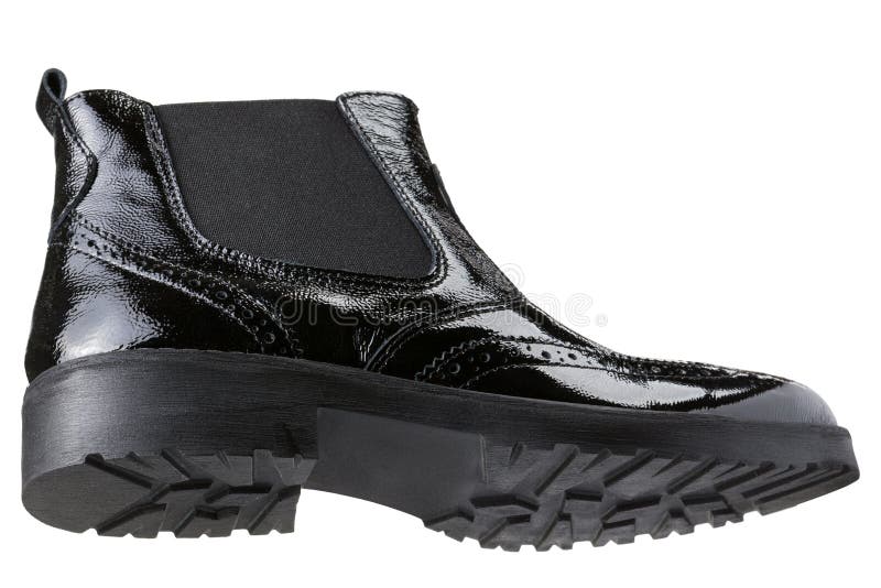 Women`s Black Leather Patent Boot, Sole with Tread, on a White ...