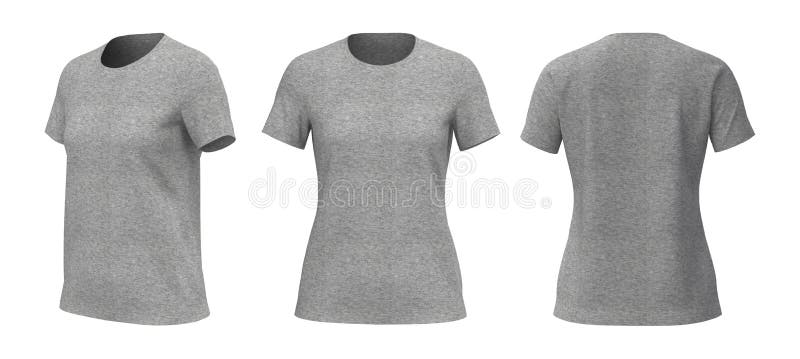 Women`s Crewneck T Shirt Mockup Front Side And Back Views Stock