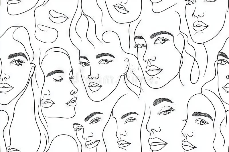 Women S Faces Seamless Illustration in One Line Stock Image - Image of ...