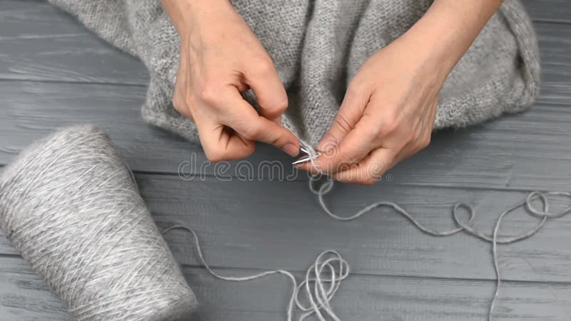 Women S Hands Knitting with Gray Wool, Top View Stock Video - Video of ...