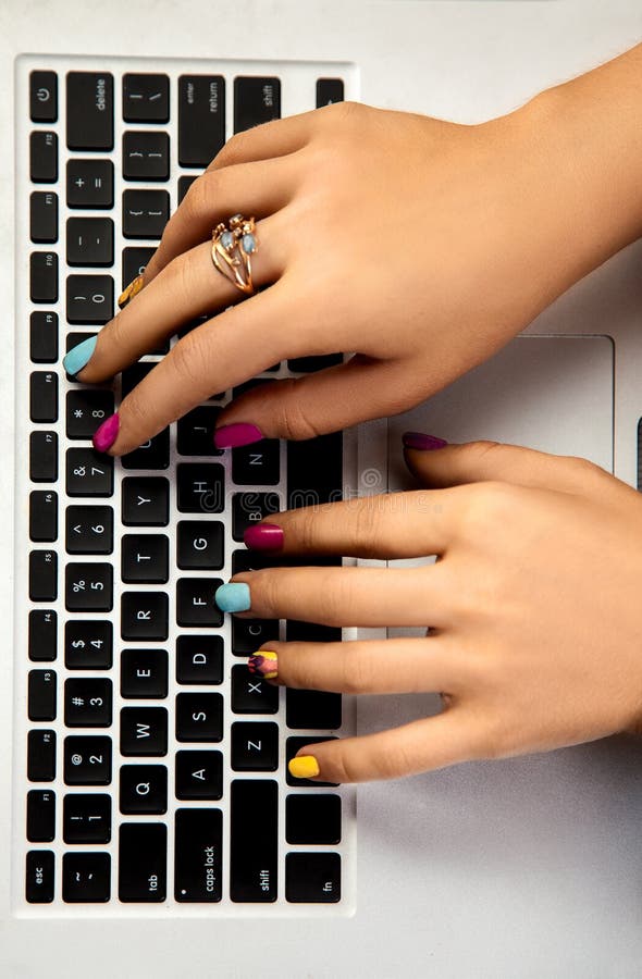 Women S Hands with a Nice Manicure Typing on a Laptop Stock Photo ...
