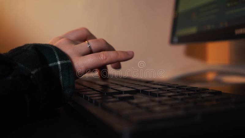 Women S Hands with a Ring on Their Finger Type Text on a Computer in ...