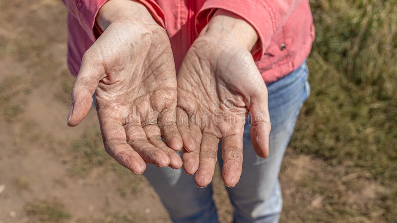 Women`s Hands are Stained with the Dust of the Earth. Close Up Stock ...