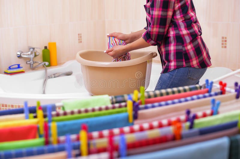 Women`s Hands Wash Clothes in the Basin. Stock Image - Image of hand ...