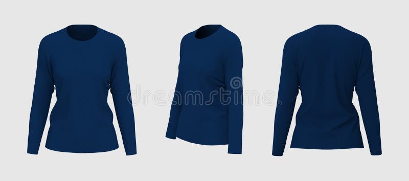 Women`s Long Sleeve T Shirt Mockup Front Side And Back Views Stock
