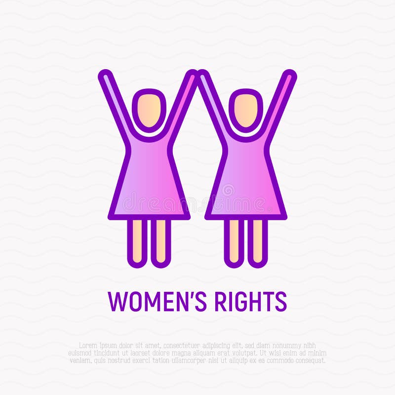 Women`s Rights Thin Line Icon: Two Women with Raised Hands. Modern ...